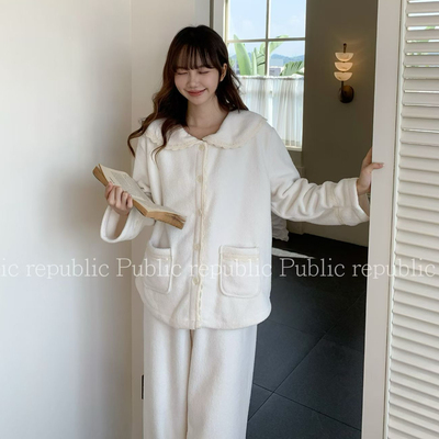 Public republic韩国毛绒奥立绒双面绒小香风娃娃领开衫家居服女