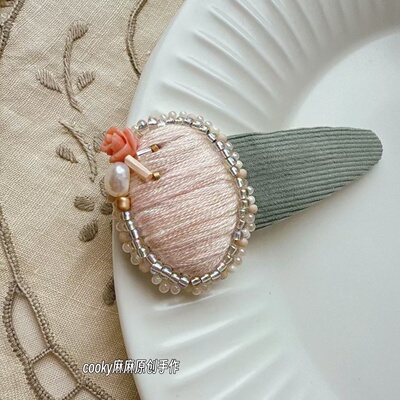 小清新薄荷绿小众发夹「cooky麻麻原创手作」刺绣订珠发夹边夹