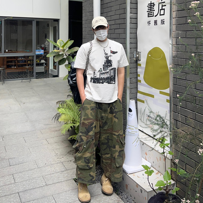 临时流放 迷彩工装裤男宽松直筒阔腿休闲裤七分裤