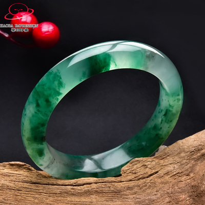豪8印象F125010A128非洲翠手镯圈口53.9mm天然冰种绿飘花玉手镯