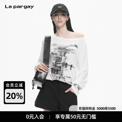 Lapargay水墨印花斜肩露肩T恤