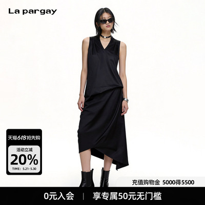 LapargayV领无袖小黑褶皱长裙