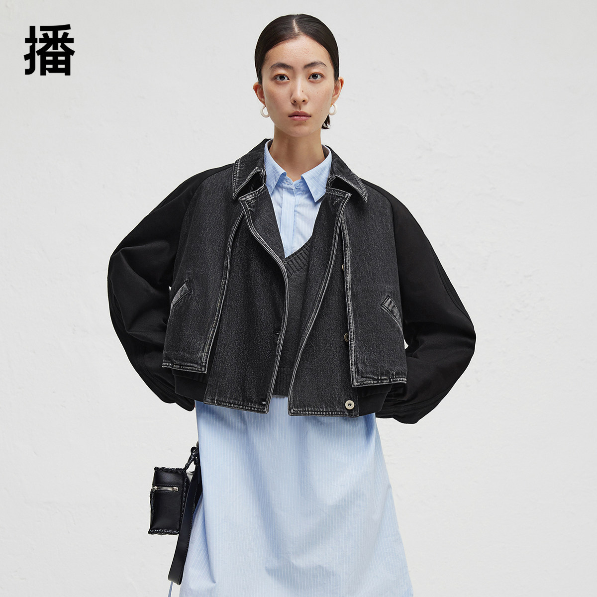 播商场同款拼接翻领短外套女24春秋灯笼袖机车上衣BDR3WD1806