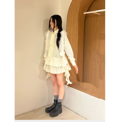 JT2026春夏 门襟荷叶花边不规则海带边衬衫连衣裙OP