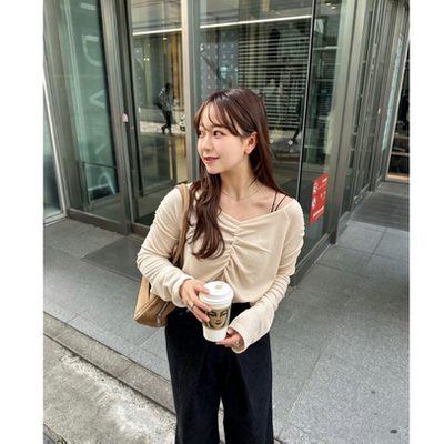 kas2025春夏 坑条螺纹褶皱可露肩2way复古长袖T恤QC