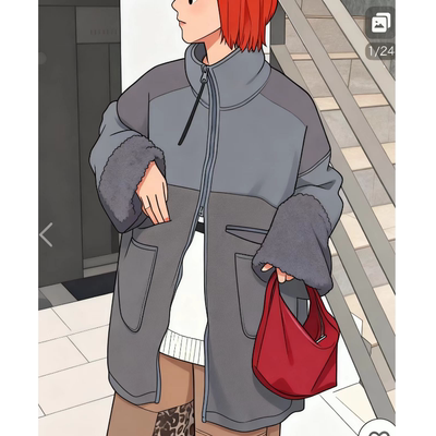 CP2025冬季 重工ets颗粒绒面拼接色块中长款双头拉链外套