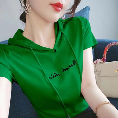 短袖韩版纯棉女连帽t恤