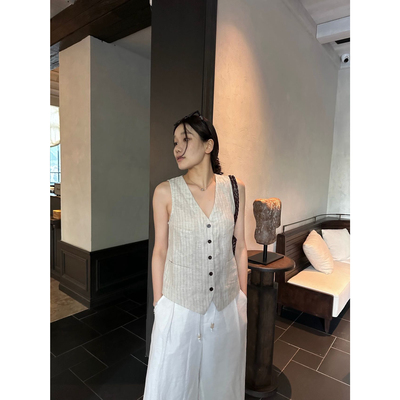 BLUEPOPS-6年夏上新全亚麻V领条纹收腰西装马甲(腰带不可拆)a6214
