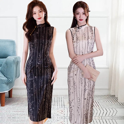 无袖波纹个性珠扣气质OL苏州旗袍