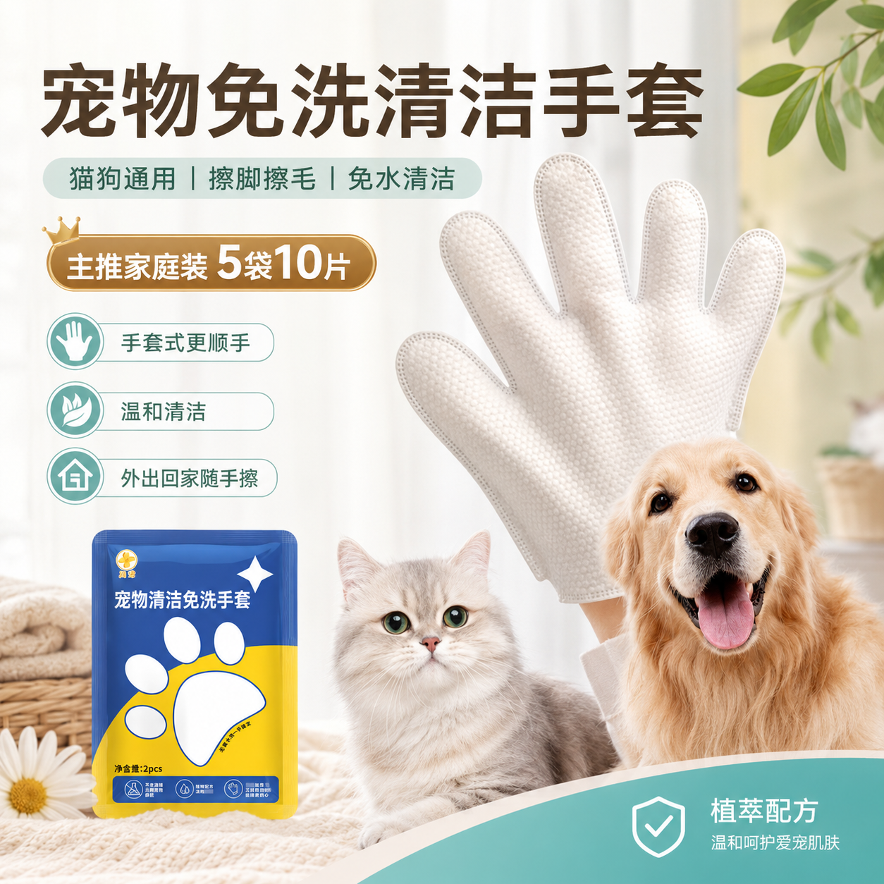 一次性宠物清洁手套猫狗通用免洗擦脚湿巾狗狗遛弯回家擦身去味