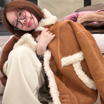 【BORAKOO】秋新款~咖色翻领皮毛一体棉服外套