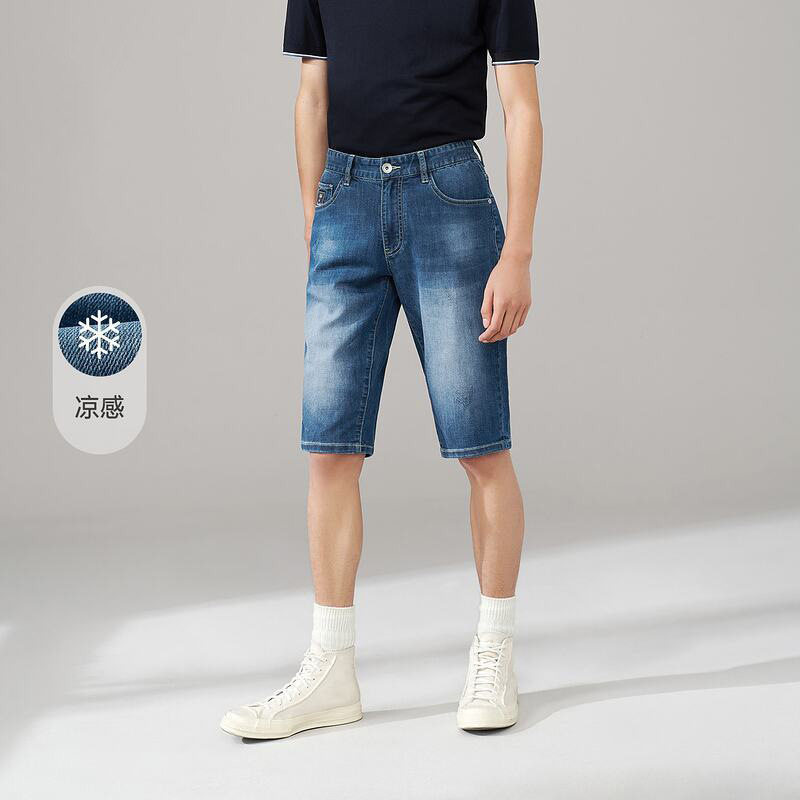 夏季时尚薄款男士牛仔中裤舒适直筒弹力刺绣水洗工艺五袋牛仔短裤