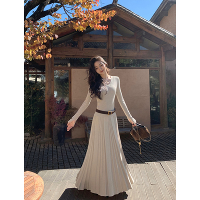 MULVAN Cozy随行 米白色高腰百褶针织半身裙女慵懒风垂感a字伞裙