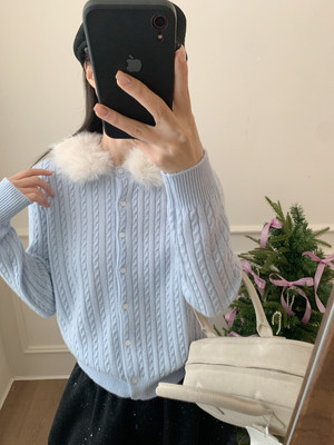 芭妮Bonnet】气质miu系千金风细麻花羊毛开衫保暖毛衣仿狐狸毛领