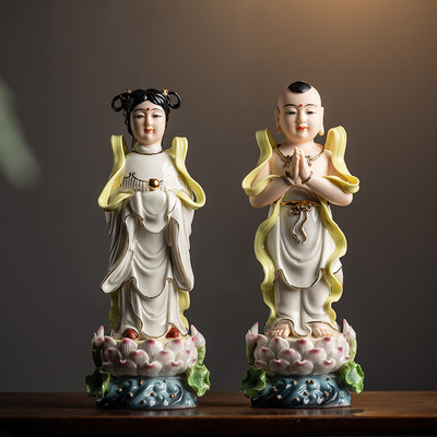 陶瓷善财童子龙女金童玉女观音菩萨像佛像侍奉家用居家供奉摆件