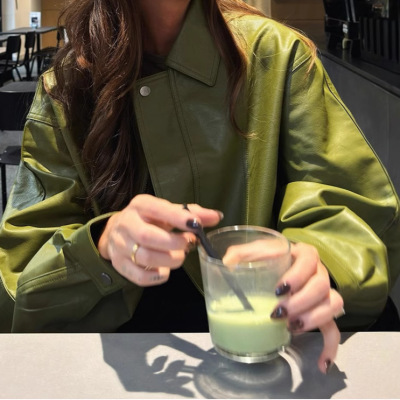Wind Lapel Loose Pu Leather Jacket Retro Disressed Oversize