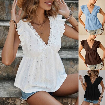 2026 Women's Fashion Hollow V-neck Lotus Leaf Short Sleeve L