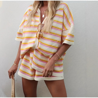 25 Women's Wool lor llar Striped Short Sleeve Shorts Set