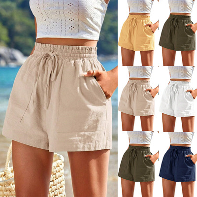 Women’s tton-linen High-waisted Drawstring Shorts, Wide-leg