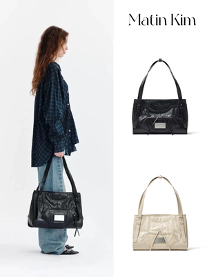 韩国潮牌 Matinkim 复古亮面机车风单肩手提腋下包波士顿托特包包