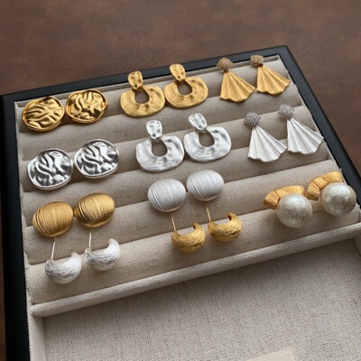 古法金属几何简约耳钉立体拉丝锤纹时尚贵气耳环小众高级精致耳饰