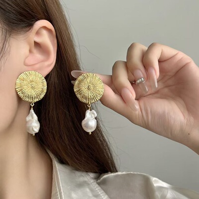 古法金属圆形耳环垂坠巴洛克珍珠时尚锤纹耳环小众设计高级感耳环