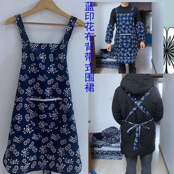 纯棉蓝花布背带围裙农家乐酒店服务员民族风围兜成人家务围裙套装