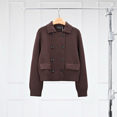 沃伦海龙26早春新款老钱风CleanFit咖色重磅棉质翻领长袖针织外套