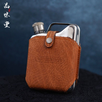 绝版意大利Spea制造二战油箱款酒壶真皮保护套威士忌复古便携酒具