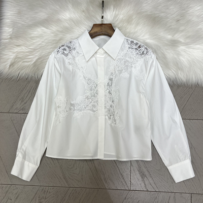 可可-新时髦新主张不对称蕾丝花边拼接白色衬衫短衬衫A9629