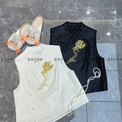 可可-大牌老钱新中式xian货天丝亚麻重工钉珠盘扣马甲y10575