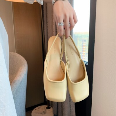 Inking Pot彭姐新款名媛方头低跟后空舒适软绵羊皮浅口女鞋凉鞋