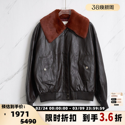 SJYP 秋冬款女士logo印花复古毛领皮夹克银泰百货精品 301596