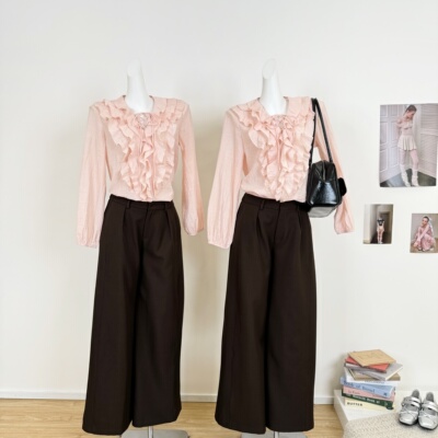 M.Y原创 法式早秋氛围感粉色荷叶边上衣女早秋高级感长袖V领衬衫