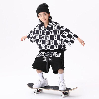 新品EDDY嘻哈街舞儿童潮服hiphop宽松哥特风格子衬衫X比赛演出服