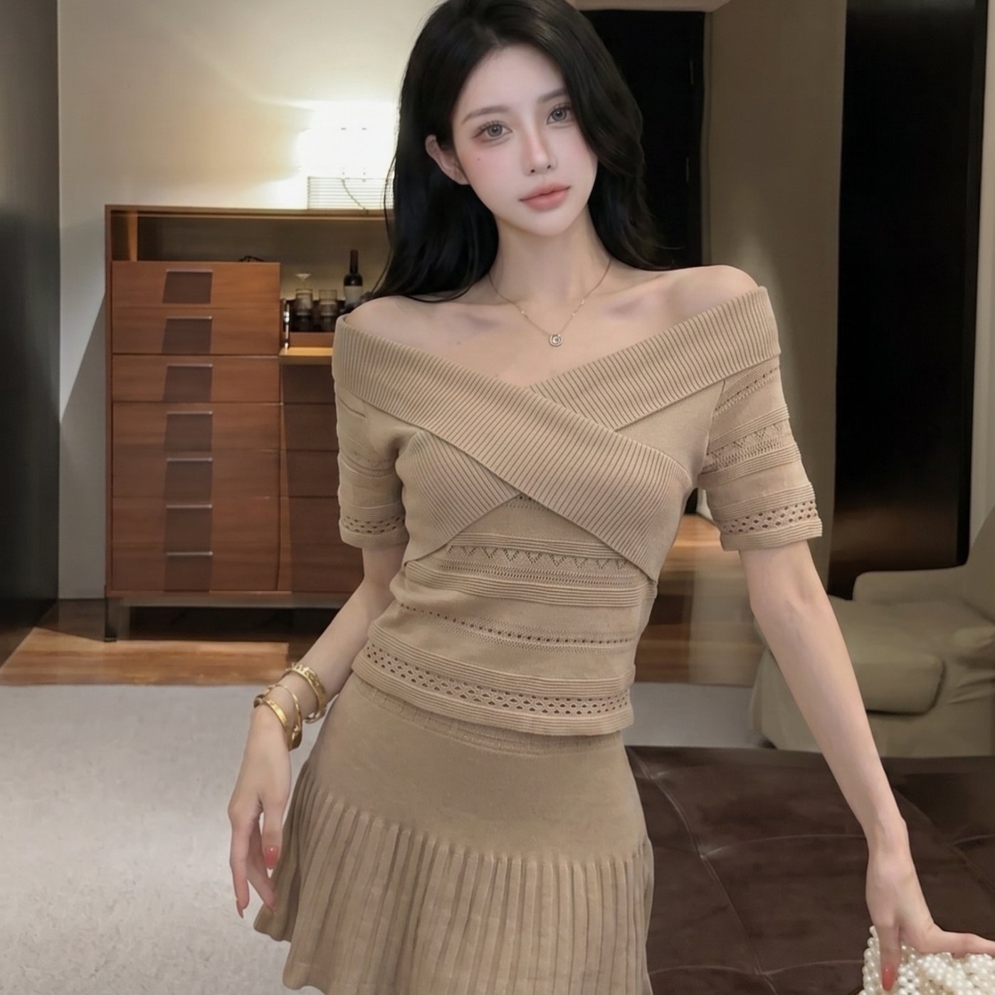 实拍 纯欲风套装一字肩收腰针织衫女装夏季高腰显瘦百褶裙半身裙