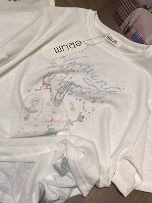 韩国erume2025春季芭蕾舞印花纯棉短袖女透气宽松甜美T恤30%苎麻