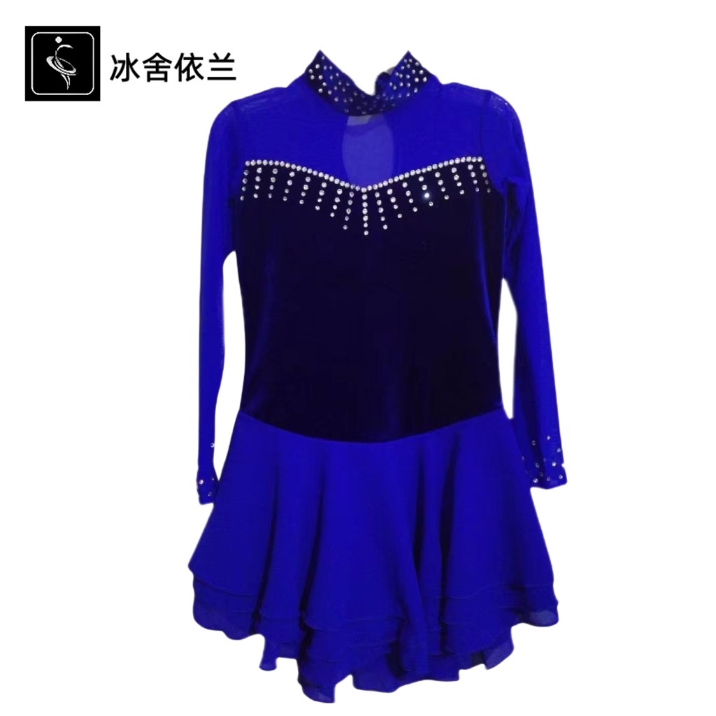花样滑冰服速干高弹防水透气宝蓝色丝绒裙子