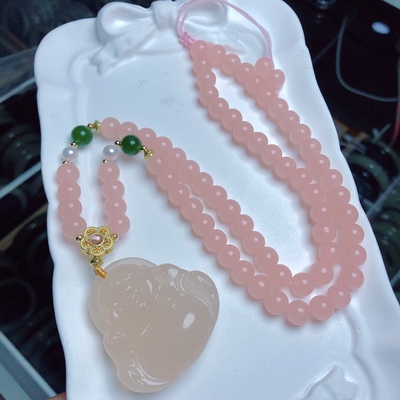I376 天然藕粉色汉白玉佛公吊坠锁骨链项链4cm阿富汗玉粉色毛衣链