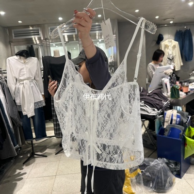 V领透明蕾丝花朵绑带吊带背心