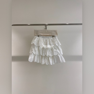 松紧腰棉布镂空花朵半裙短裙女