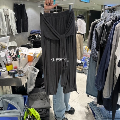 松紧腰假两件裤脚抽绳八分裤女
