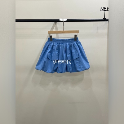 松紧腰纯色口袋花苞裙短裙