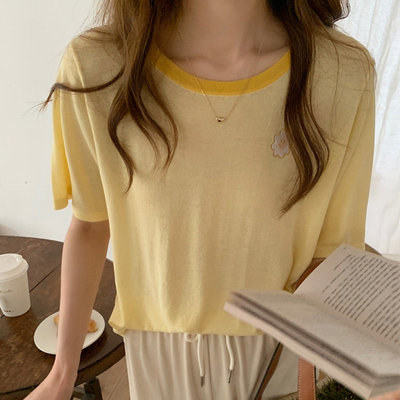 冰丝刺绣ins宽松显瘦半袖针织衫