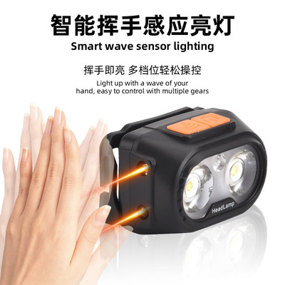 超亮跨境强光感应头灯矿灯USB充电应急智能头戴式户外照明手电筒