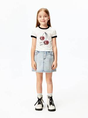 little moco专柜25夏新款女童修身短款樱桃印花儿童短袖T恤