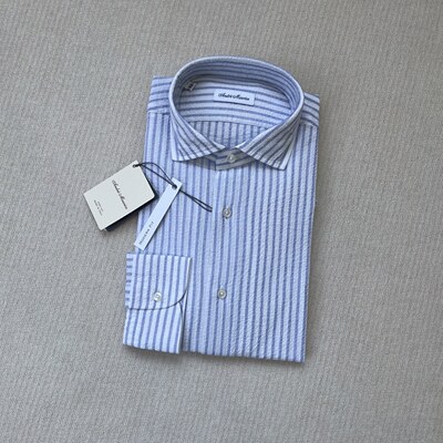 聚鹏名品Andre Maurice 条纹泡泡纱长袖衬衫男士纯棉衬衣亲肤时尚