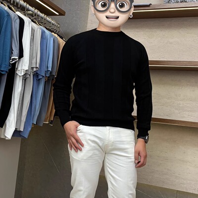 聚鹏名品Andre Maurice 黑色宽坑条圆领羊绒衫男士秋冬款意大利