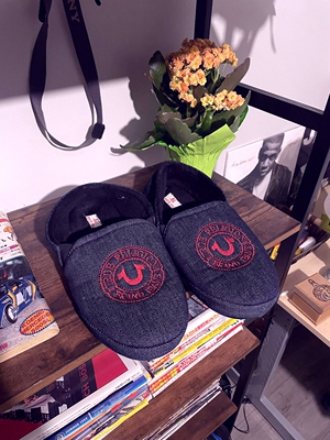 出老美牛仔布家居男款保暖舒适防滑棉拖秋冬包跟棉鞋懒人鞋一脚蹬