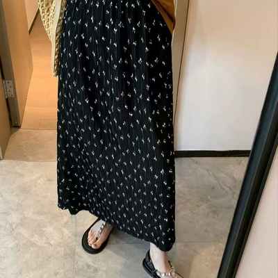 韩系温柔风蝴蝶结印花半身裙